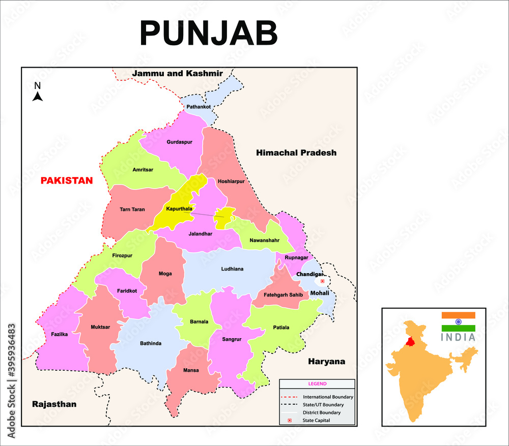 Punjab map. Political and administrative map of Punjab with districts ...