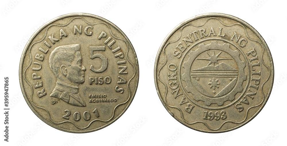 5 Piso coin from Philippines of the year 2001 with the head of Emilio ...