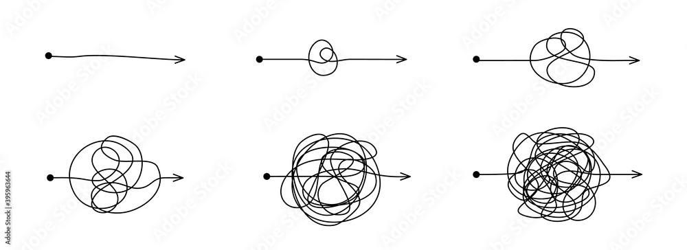 Messy icons. Easy and complex lines. Isolated arrows outgoing from point, tangled stripes ...