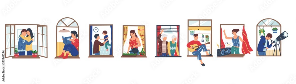 People in windows. Cartoon neighbors staying at apartments. Men and ...