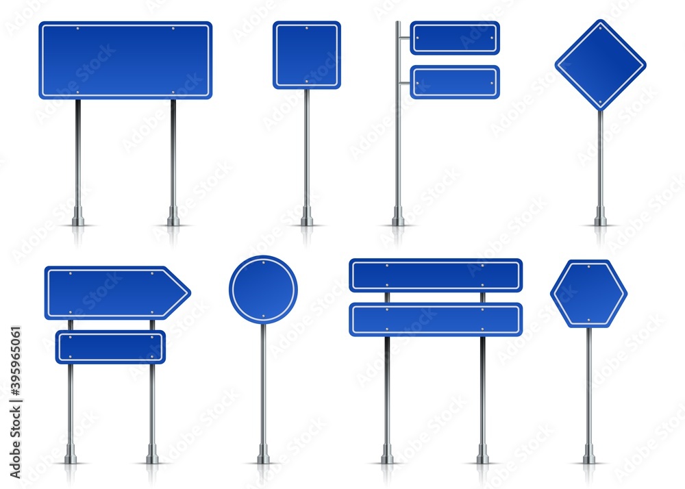 Road icons. Realistic blue street signposts with white frame on metal ...