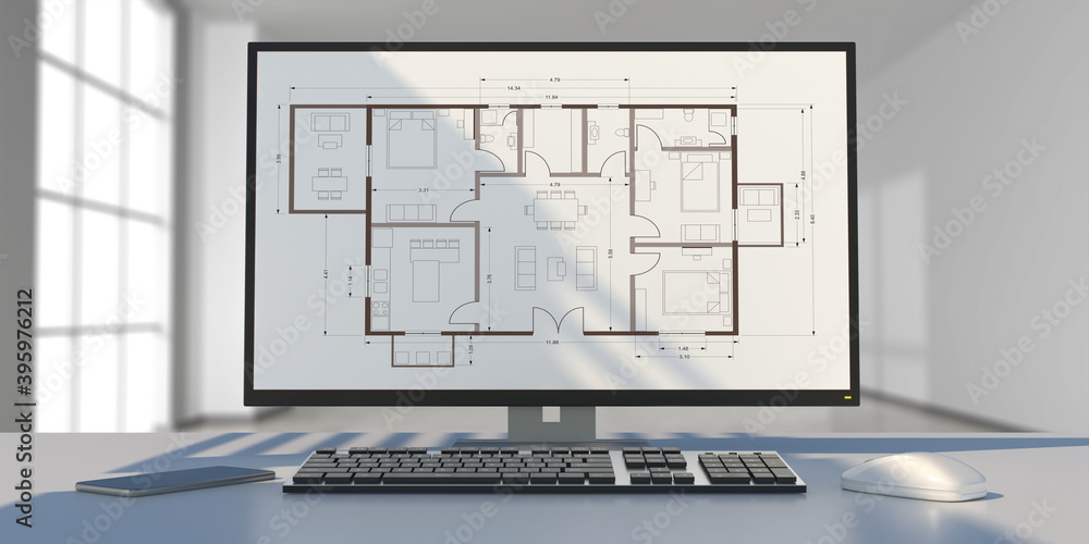 Architect engineer office. Building project blueprint plan on a ...