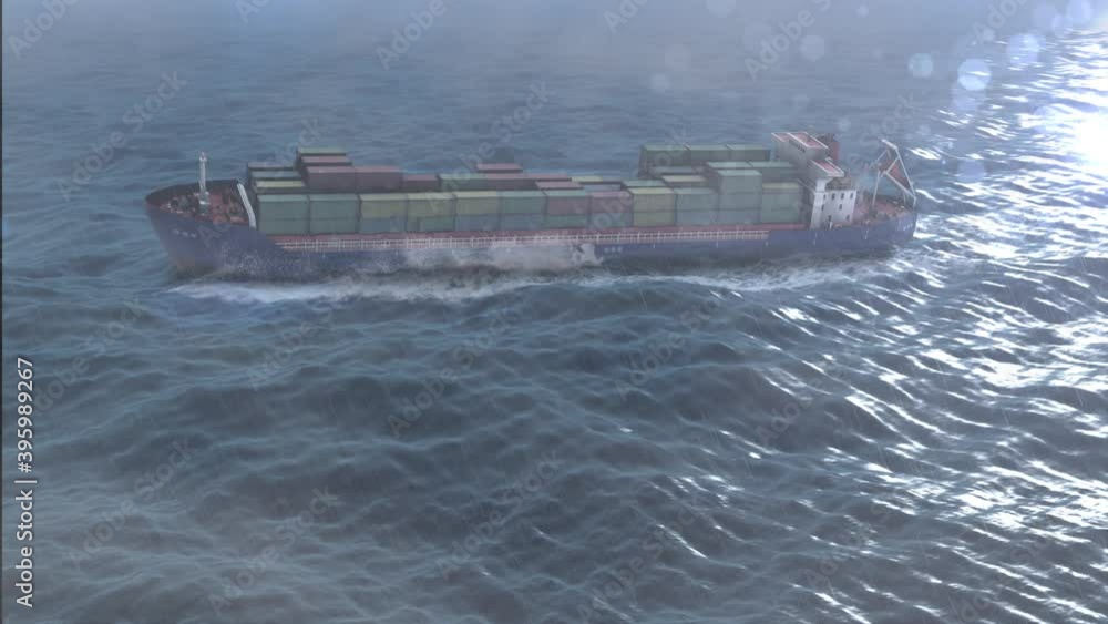 Cargo Container Ship in storm with big waves- Aerial Rain lightning and ...