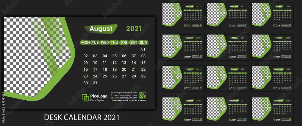 Corporate desk calendar 2021 template design in light green included 12 ...