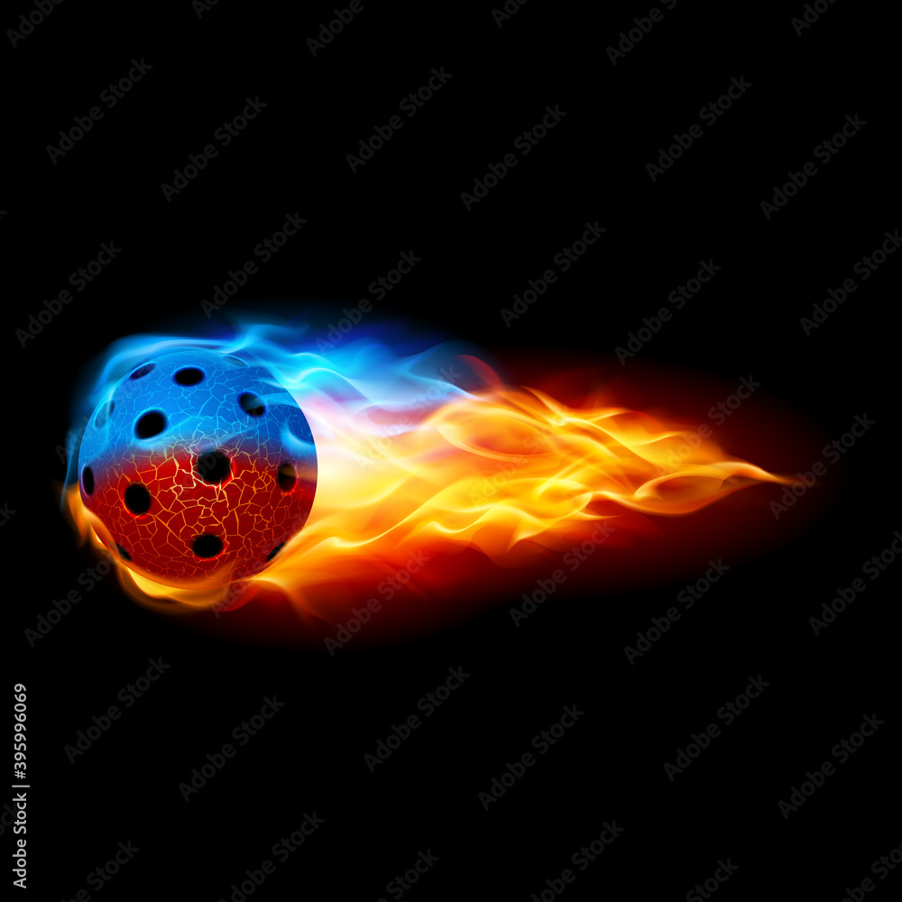 Flying Florball-Ball in Blue and Red Burning Flames on the Black ...