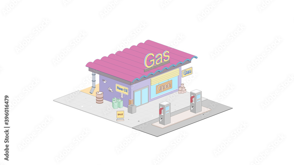 Isometric gas station on white background. Modern house in isometric ...
