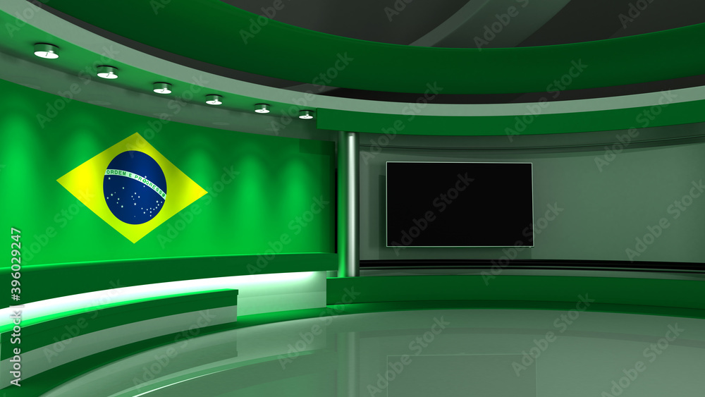 TV studio. Brazil flag studio. Brazil flag background. News studio. The ...