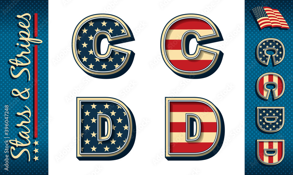 Letters C and D. Stylized vector initials with USA flag elements and ...