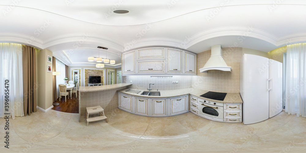 360 panorama inside interior of stylish kitchen in light style. Full ...