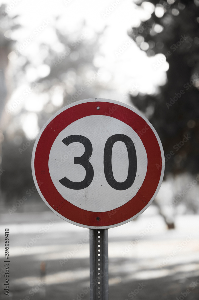 Speed limit sign in the country side on a summer evening. The speed ...