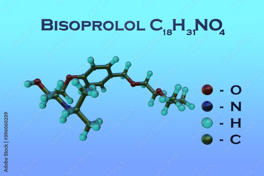 Structural chemical formula and molecular model of bisoprolol, a ...
