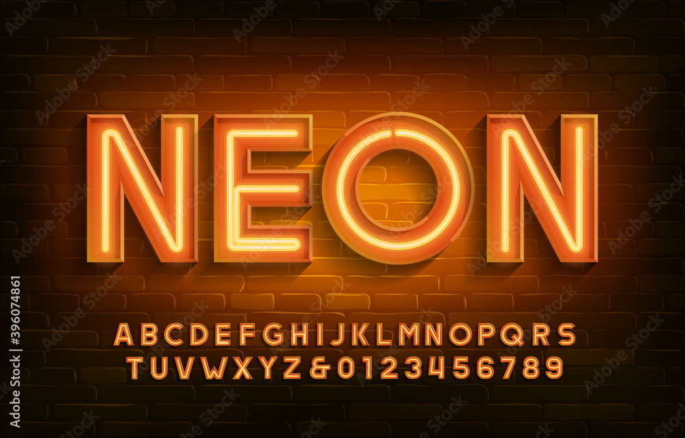 Neon alphabet font. 3D neon light letters and numbers. Brick wall ...