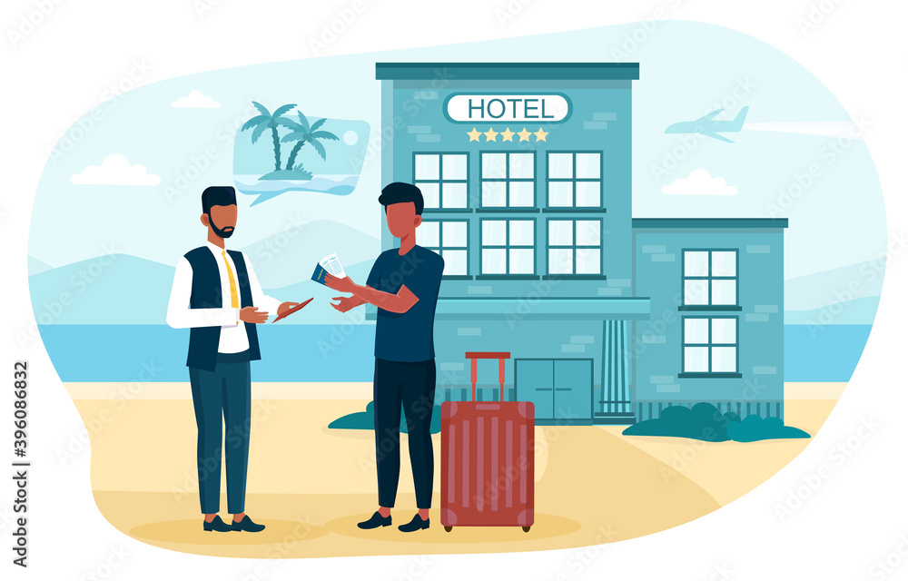 Travel agent check passport. Tourism manager selling tour, cruise ...