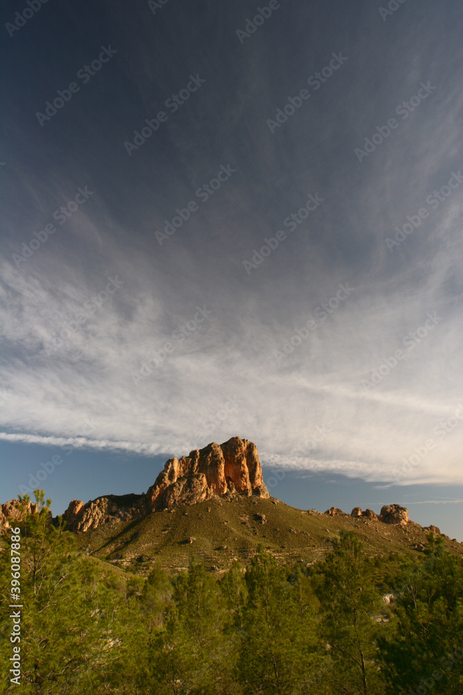 Pinar, pico de roca caliza y cielo con cirros o nubes altas. Cieza ...