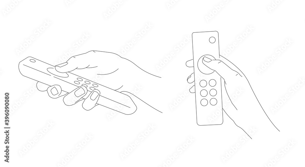Line illustration of human hand holding remote control and pressing ...