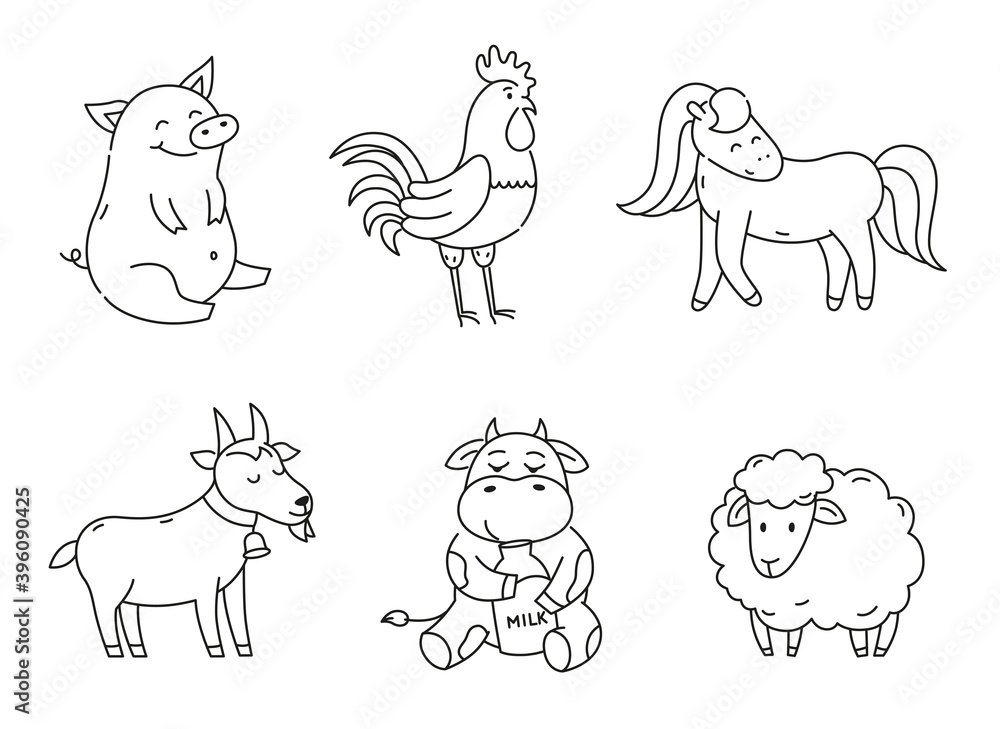 Set of doodle farm animals isolated. Collection of coloring characters ...