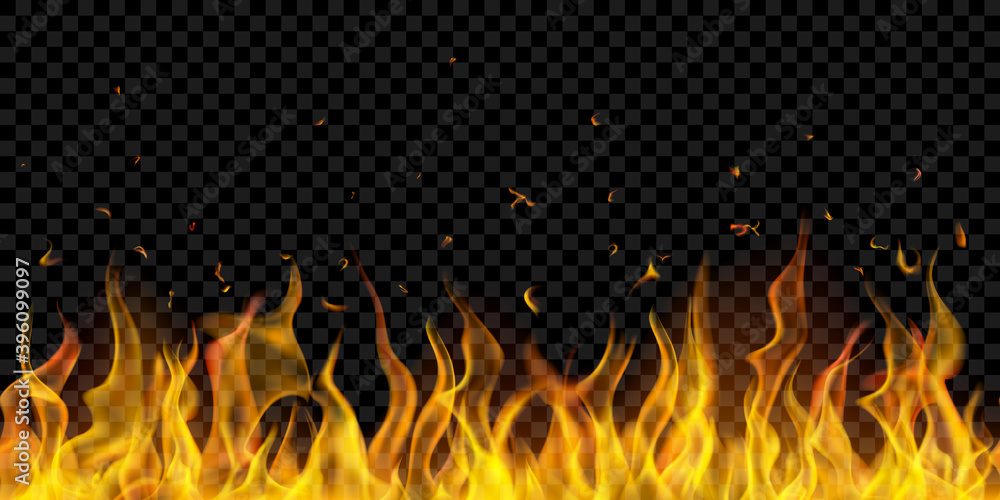 Translucent fire flames and sparks with horizontal repetition on ...