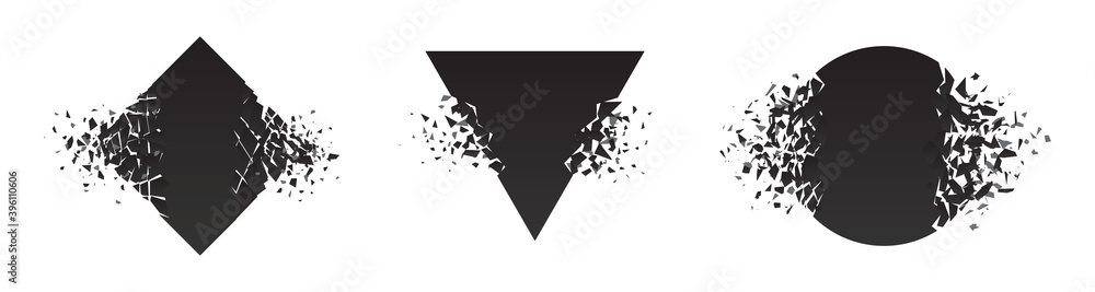 Shape shattered and explodes flat style design vector illustration set ...