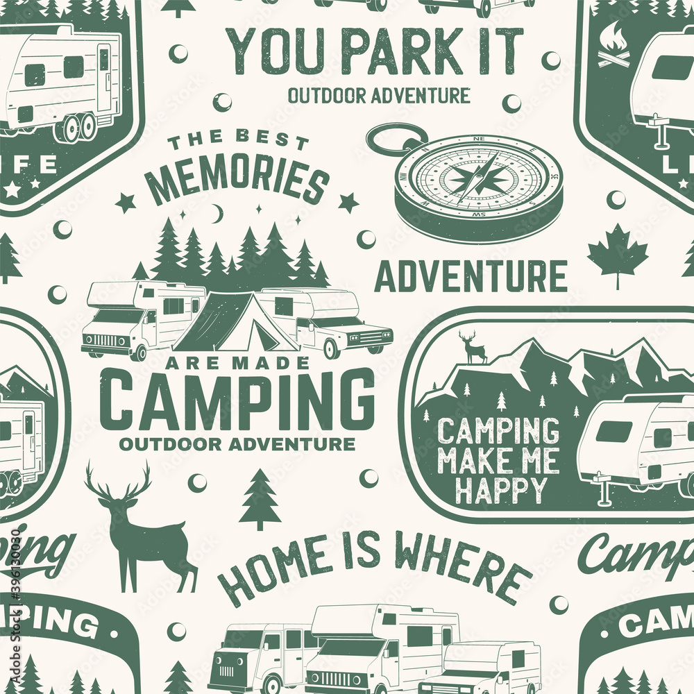 Set of outdoor adventure seamless pattern, background. Vector. Seamless ...