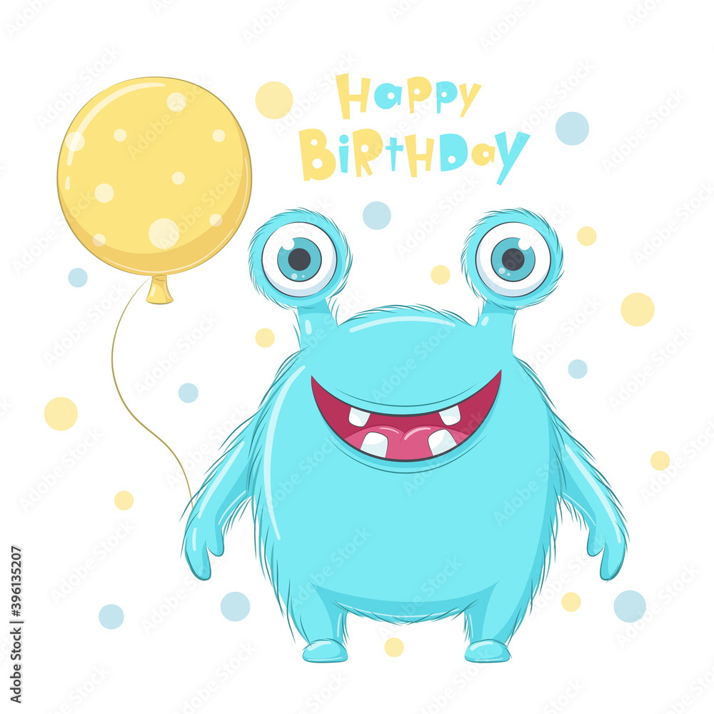 Cute monster with balloon. Happy birthday clipart Stock Vector | Adobe ...