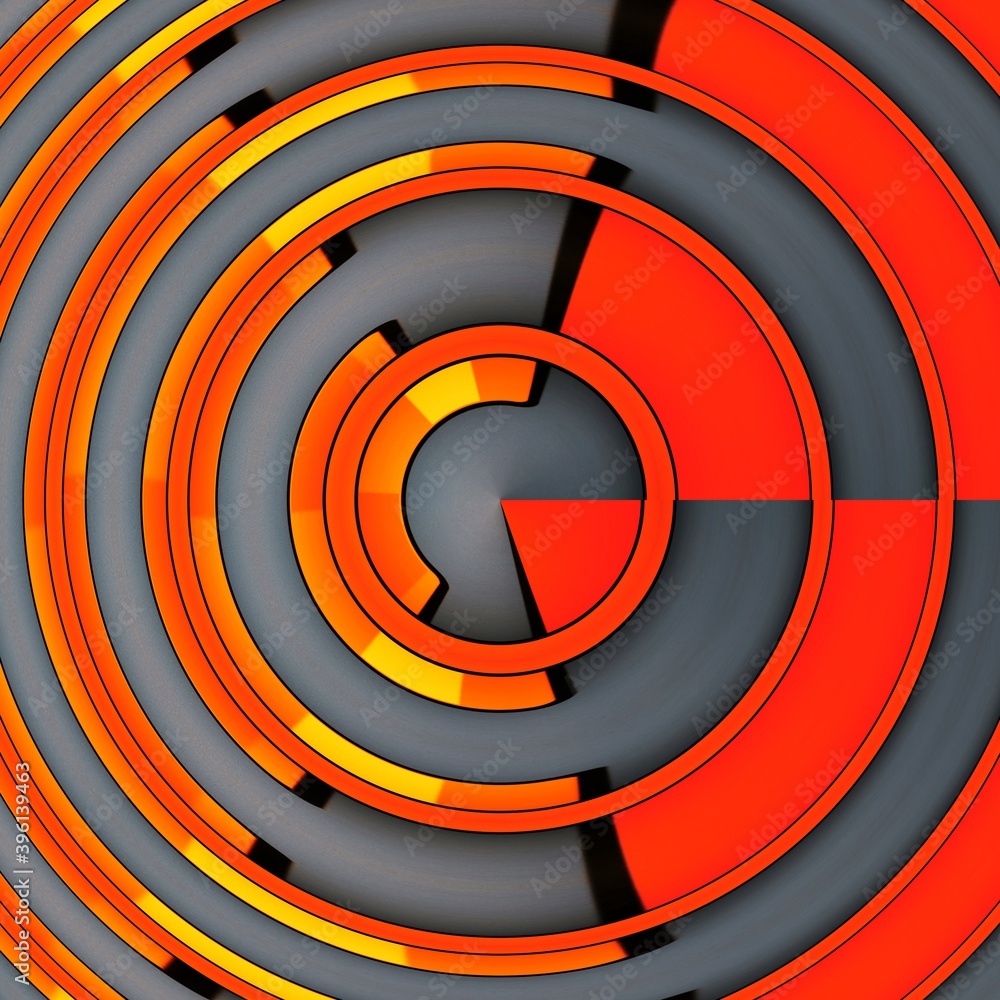 brightly red and orange coloured rectangular blocks on a grey ...