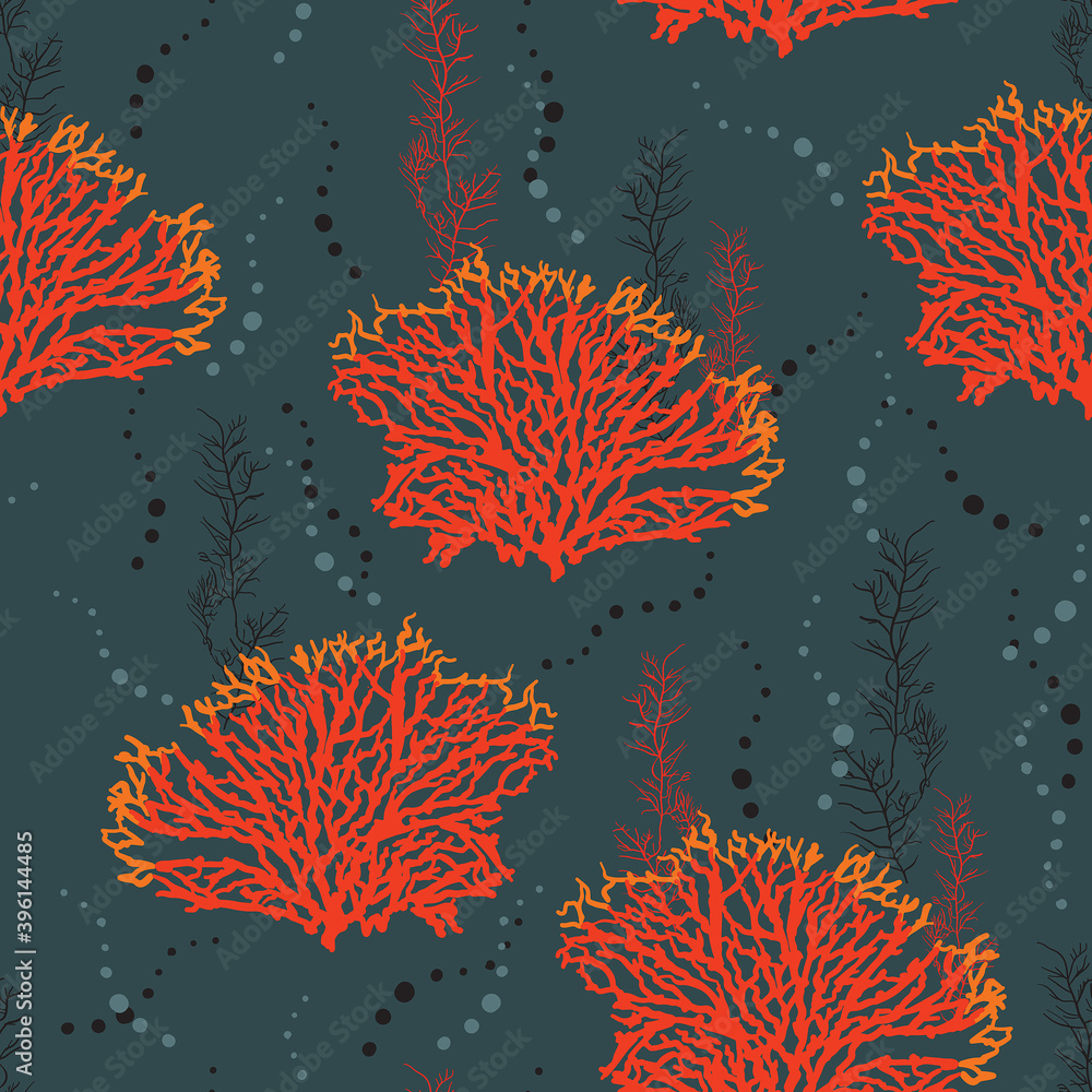 Seamless hand drawn pattern with coral reef in the ocean .Design for ...