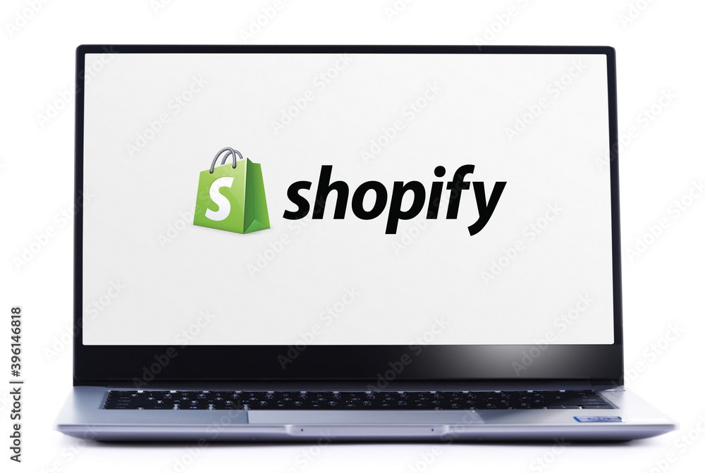 Laptop computer displaying logo of Shopify Stock Photo | Adobe Stock