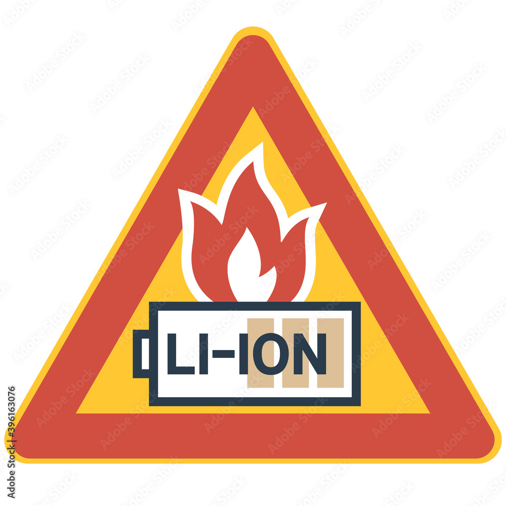Lithium battery storage. Triangle sign, graphic poster with text ...