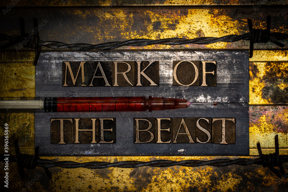 Ilustrace „Mark Of The Beast text with syringe on textured grunge ...