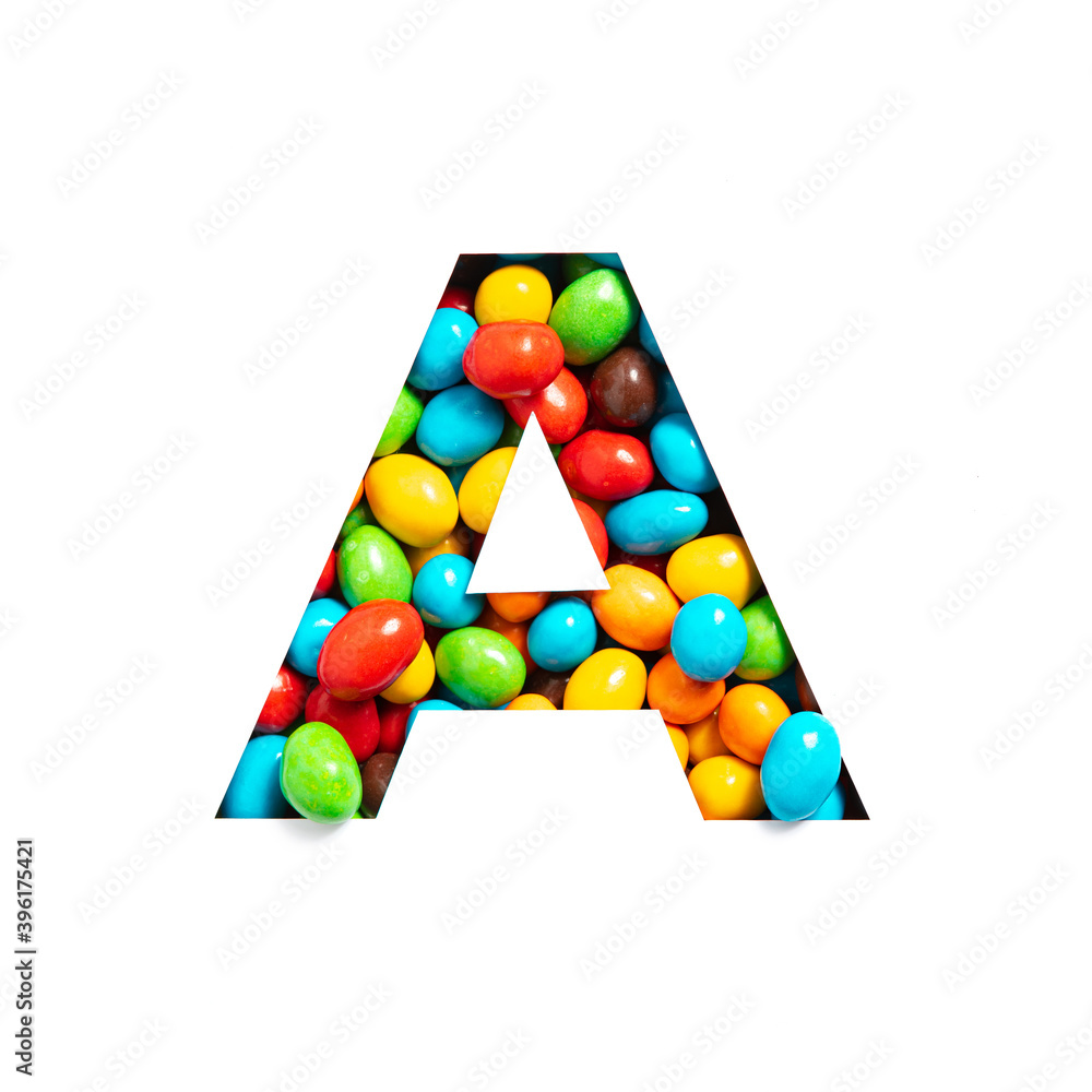 Letter A of English alphabet of multicolored sweets and paper cut ...
