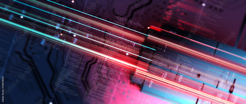 Printed circuit board futuristic server/Html Code Processing in circuit board abstract server ...
