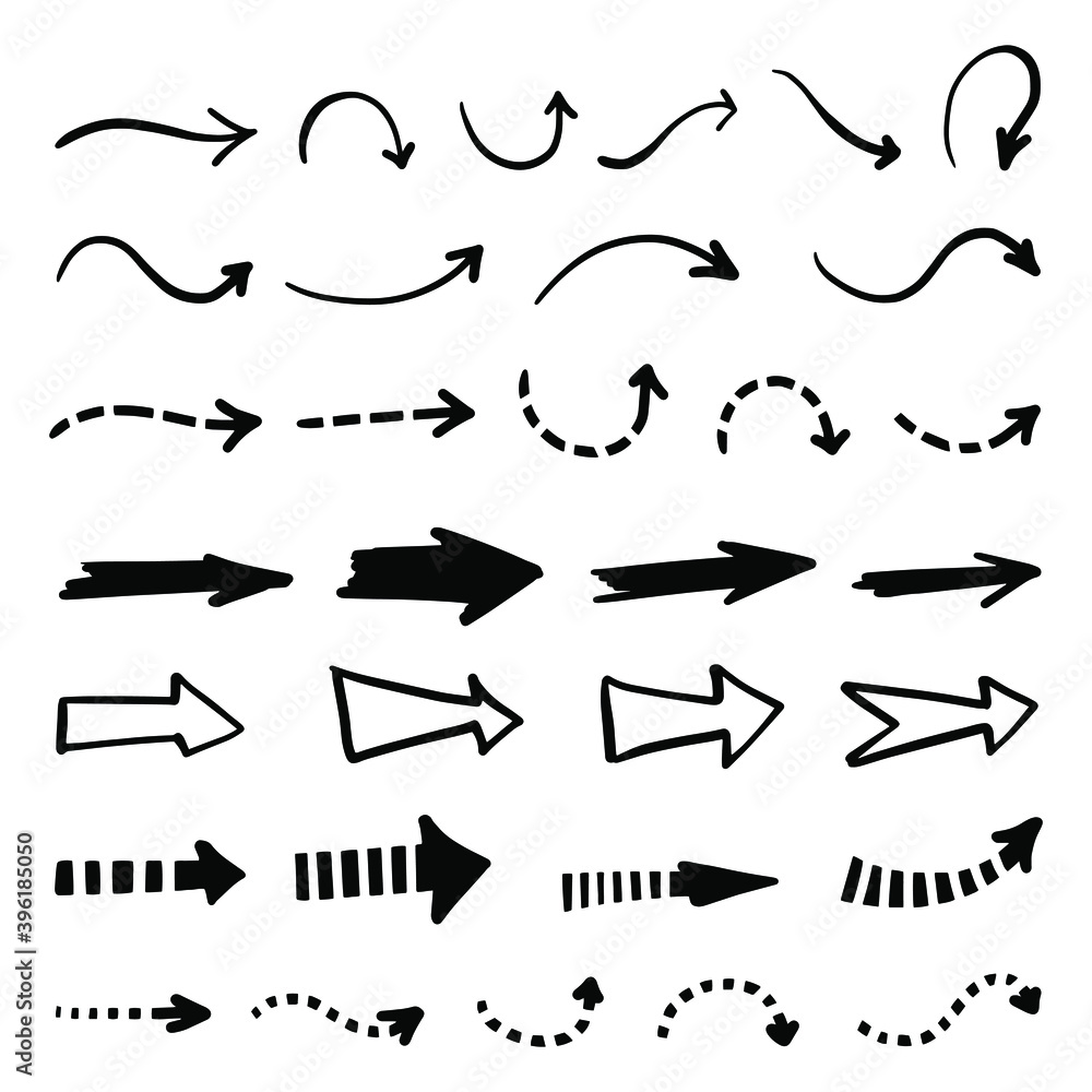Set of vector hand drawn arrows. Black doodle arrows isolated on white ...