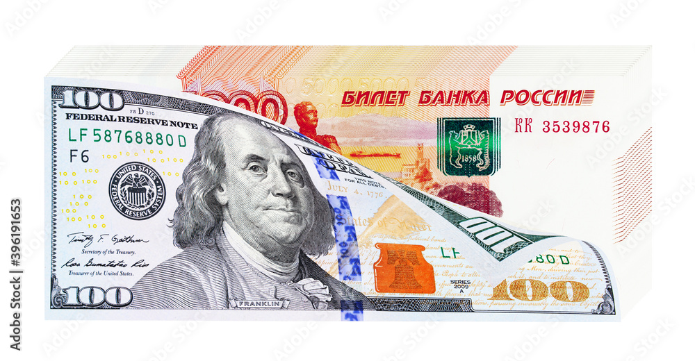 Fotka „One hundred dollar bill and stack of russian five thousand ...