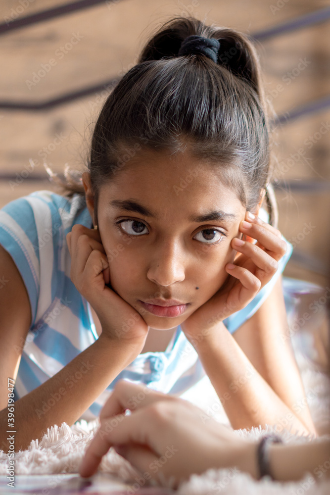 childhood, emotions, solitude, beauty concept - portrait of happy young ...