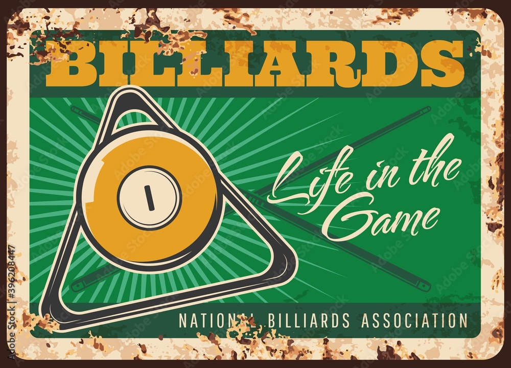 Billiards game rusty metal plate, vector ball, triangle rack and ...
