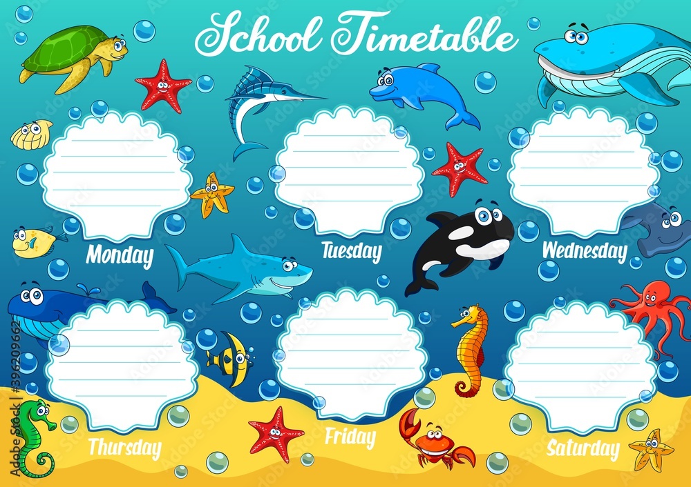 School timetable with underwater cartoon animals. Vector educational ...