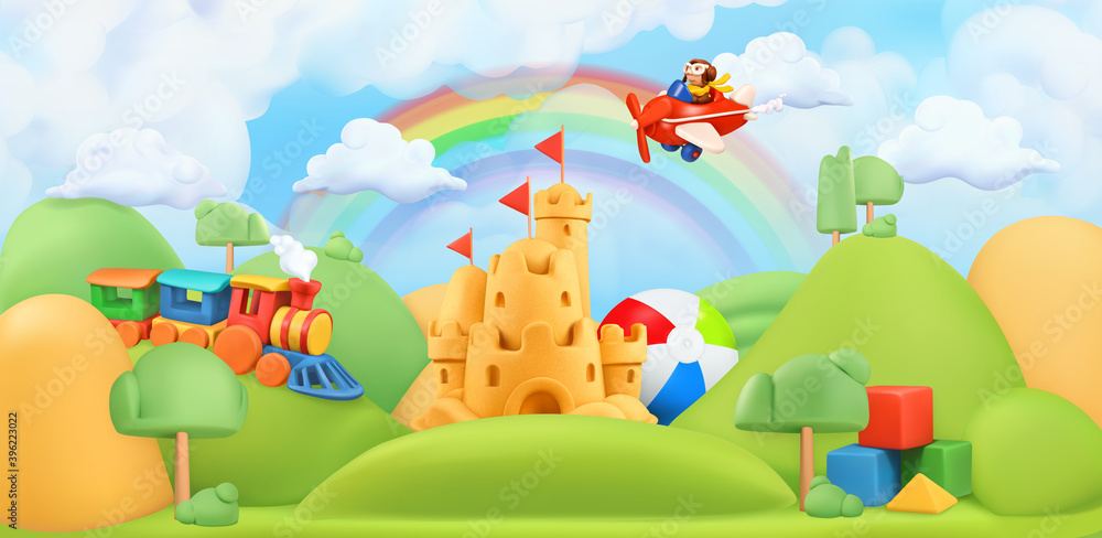Kids toys landscape. 3d vector background. Plasticine art illustration ...