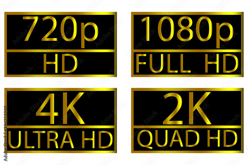 Gold 1080 full 4k 2k. Vector flat illustration. Screen computer monitor ...