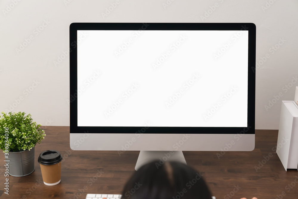 Business woman hand using computer and type on the keyboard. Mockup ...