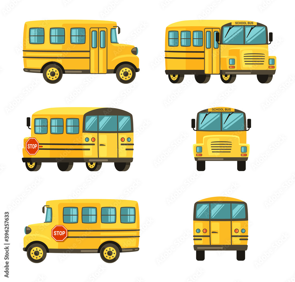 School bus from different angles. Yellow vehicle for transporting ...