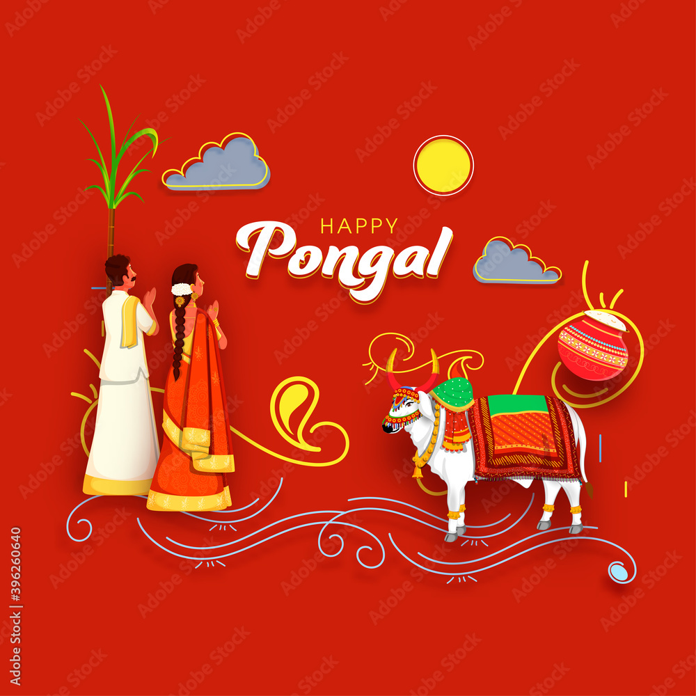 South Indian Couple Doing Surya (Sun) Worship With Decorative Ox ...
