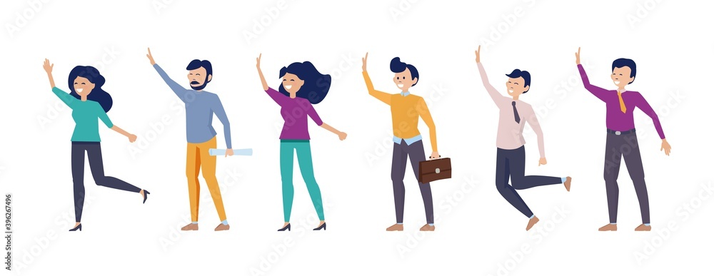 Hello people. Man woman greetings characters, happy flat diverse ...