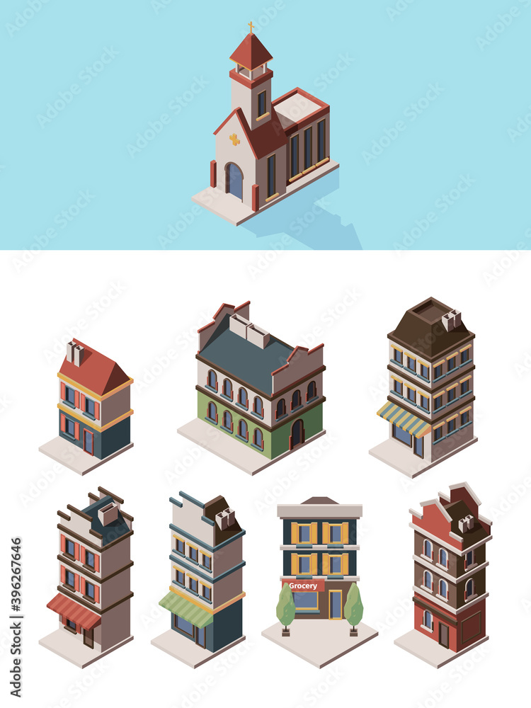 Historic buildings. Old vintage 3d houses and retro construction ...