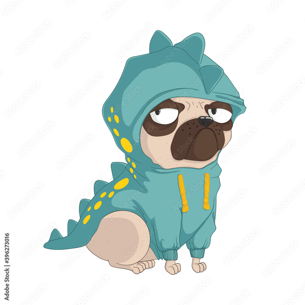 Cute pug dog wearing funny dinosaurs costume. Vector hand drawn ...