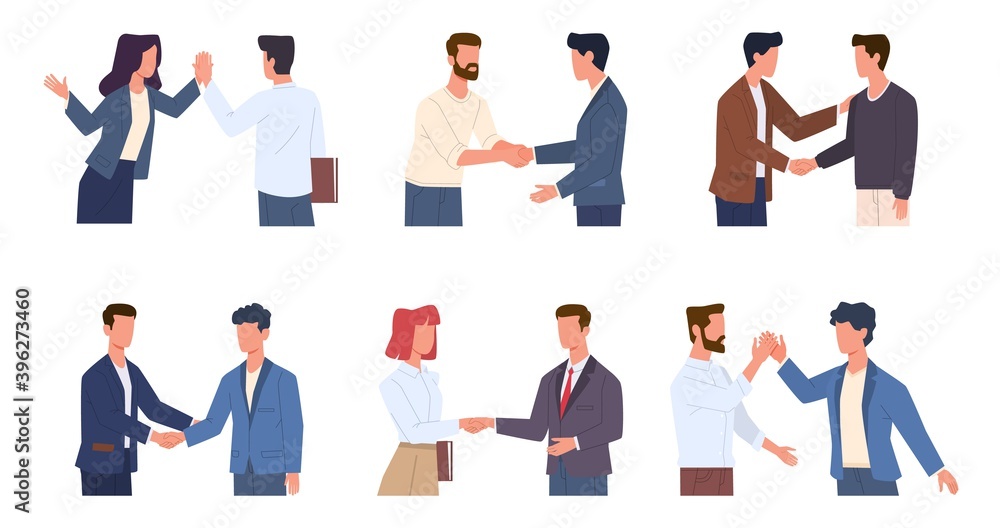 Handshaking people. Greeting male and female characters polite and ...