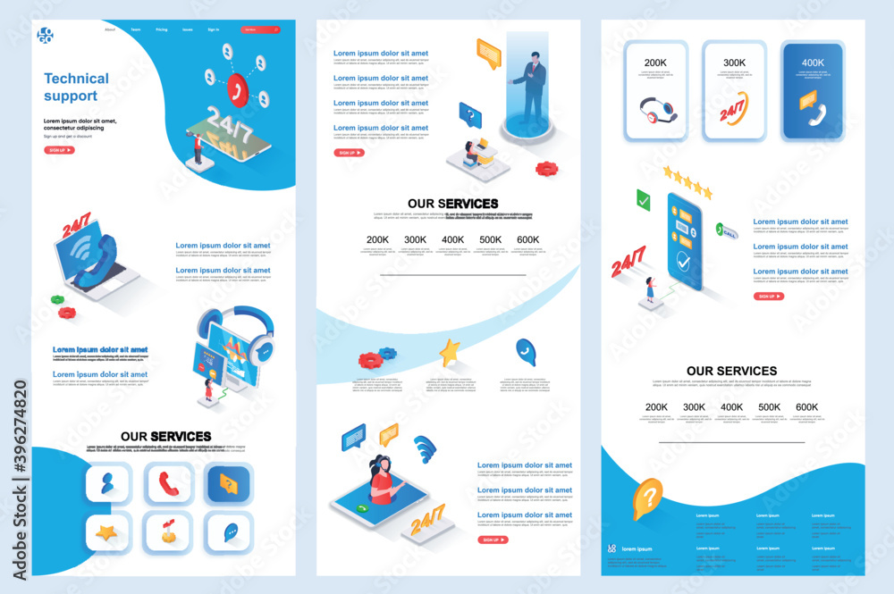 Technical support isometric landing page. Online consultation and ...
