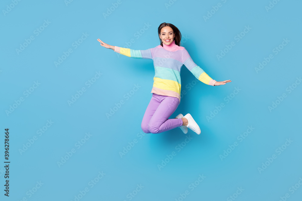 Full length body size view of attractive careless cheerful girl jumping ...