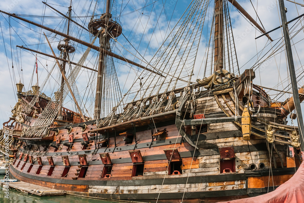 Genoa, Italy - August 24, 2009: The Neptune, a ship replica of a 17th ...