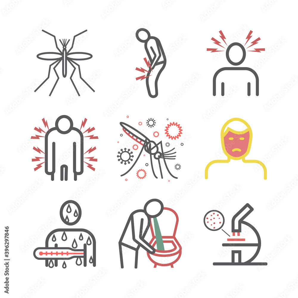 Yellow fever line icons. Symptoms. Vector signs for web graphics. Stock ...