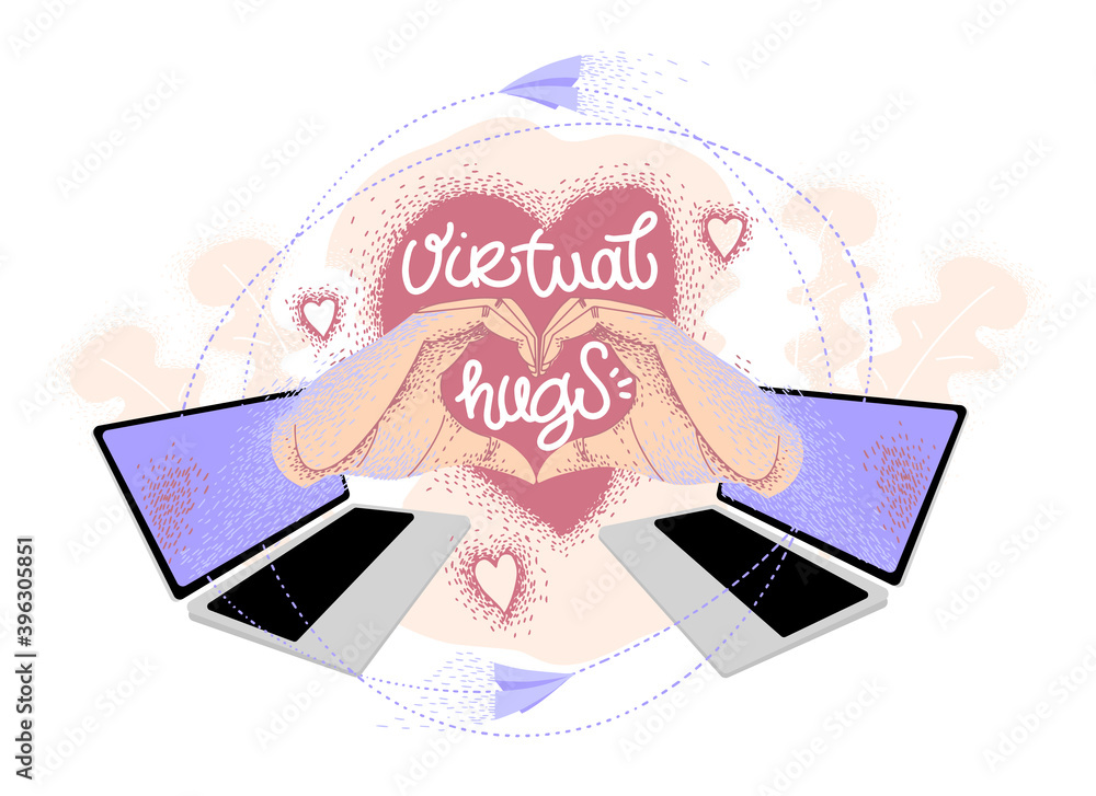 Virtual hugs, vector modern calligraphy with laptops, hands and heart ...